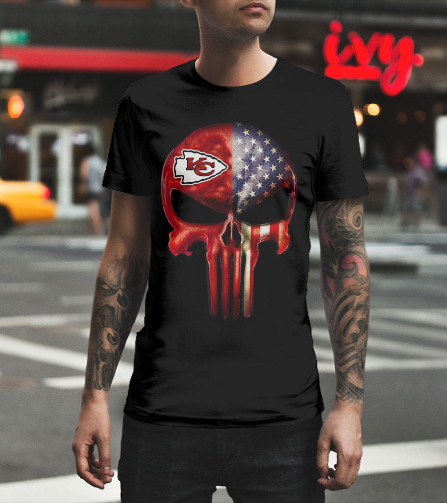 For True Kansas City Chiefs Fan Only American Flag Skull T-Shirt