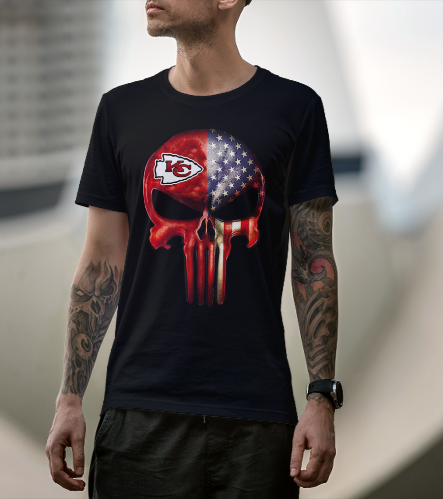 For True Kansas City Chiefs Fan Only American Flag Skull T-Shirt