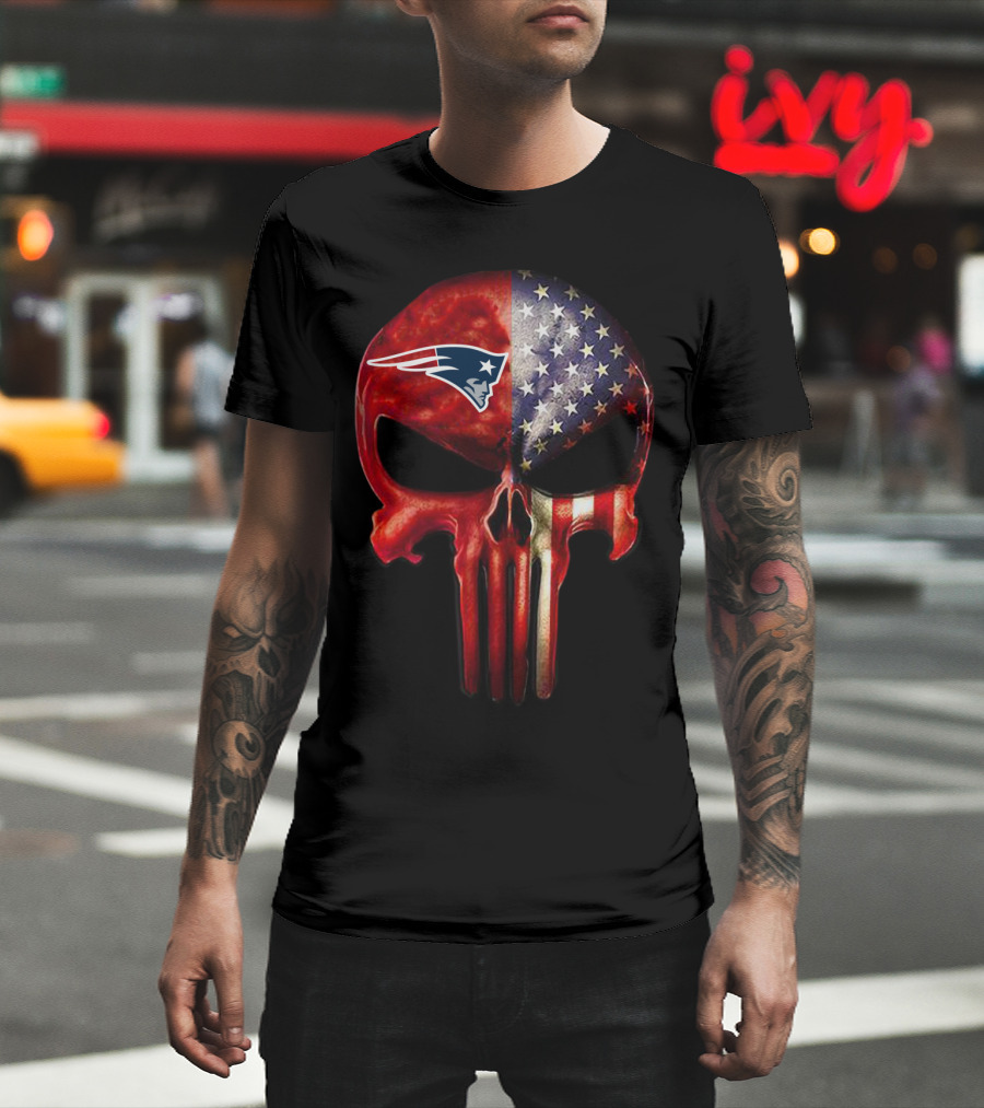 NEW ENGLAND Patriots Skull American Flag Fan Only T-Shirt