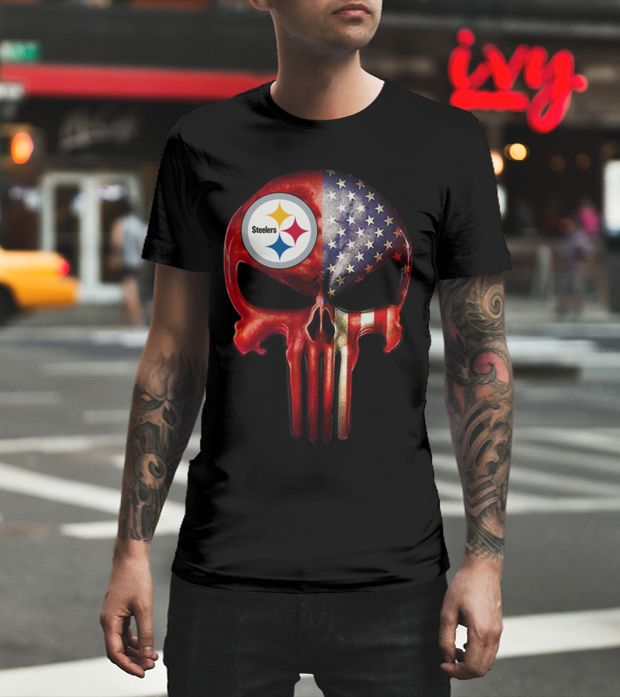 Steelers American Flag Skull For True Pittsburgh Fan Only T-Shirt