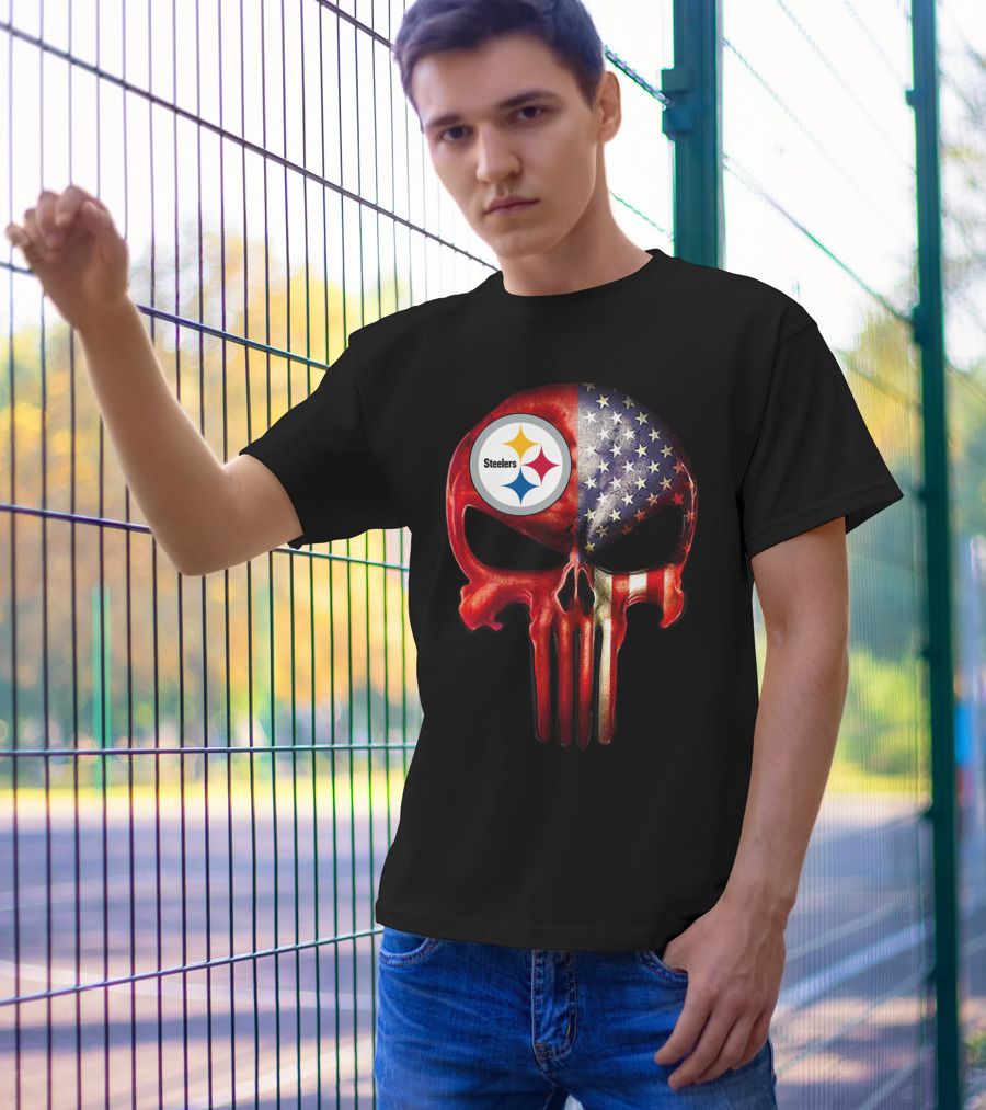 Steelers American Flag Skull For True Pittsburgh Fan Only T-Shirt