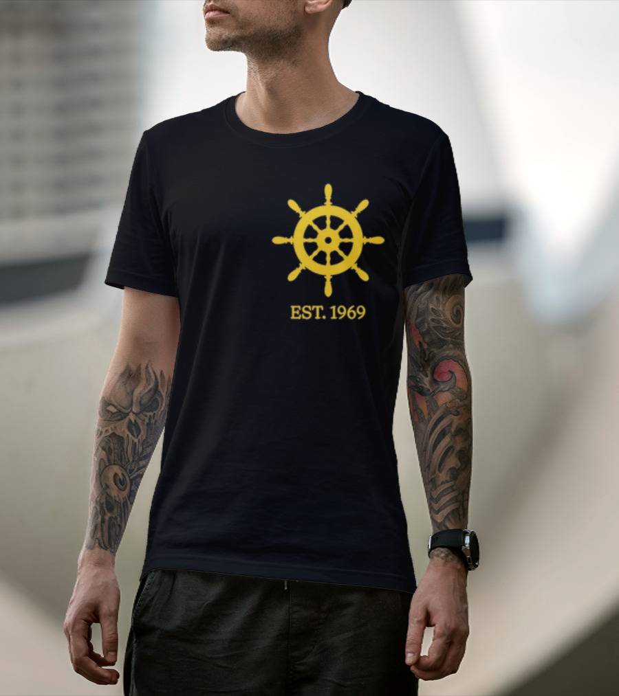 Benitez Sailing Est. 1969 Yellow Ship Wheel Emblem T-Shirt