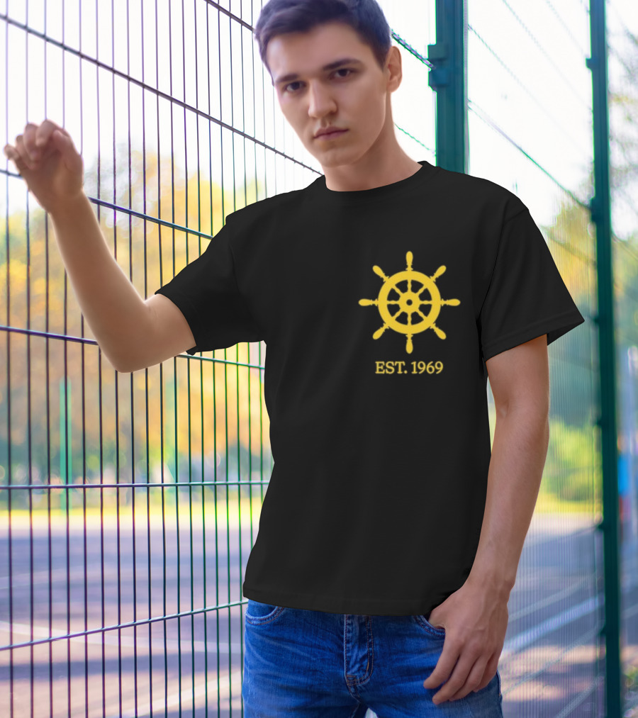 Benitez Sailing Est. 1969 Yellow Ship Wheel Emblem T-Shirt