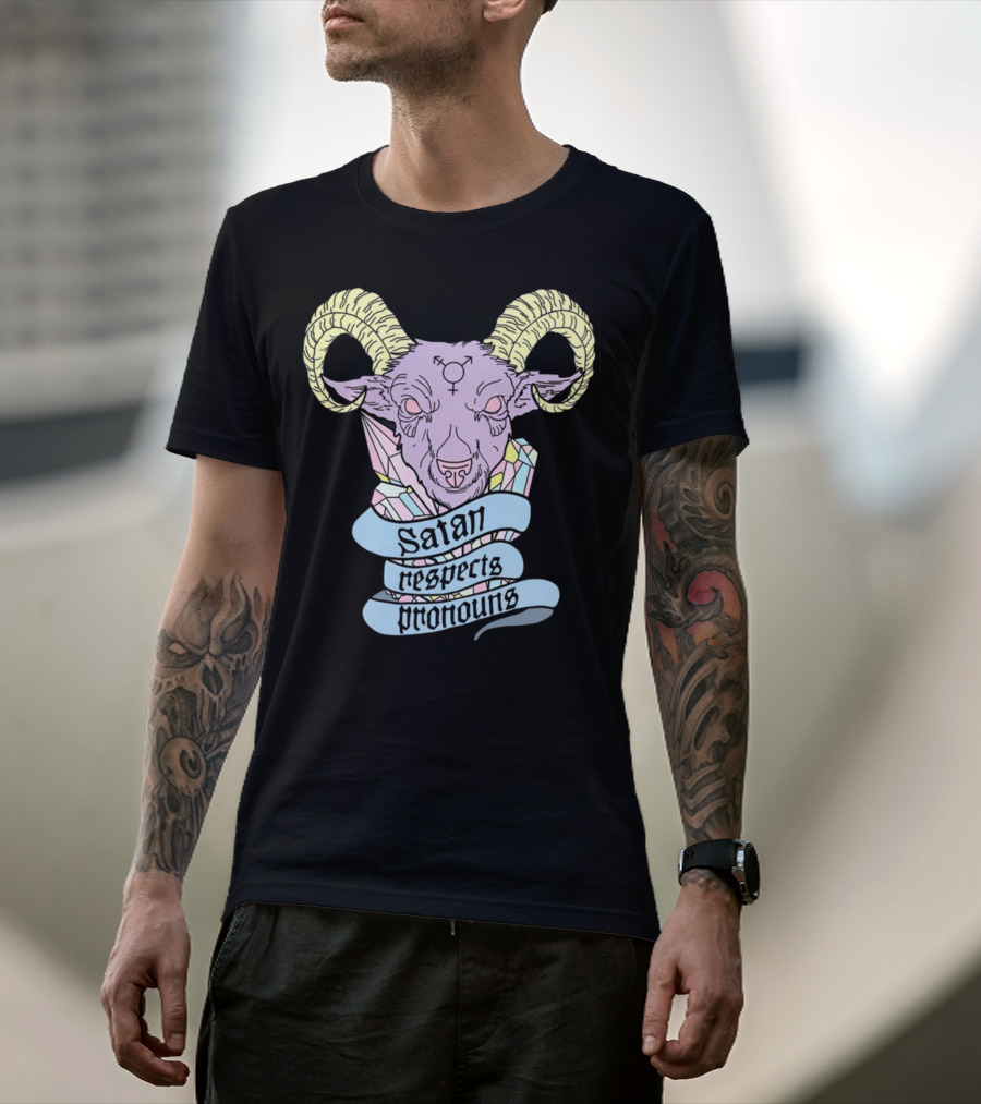 Satan Respects Pronouns Pastel Goat Head With Horns And Gender Symbols T-Shirt