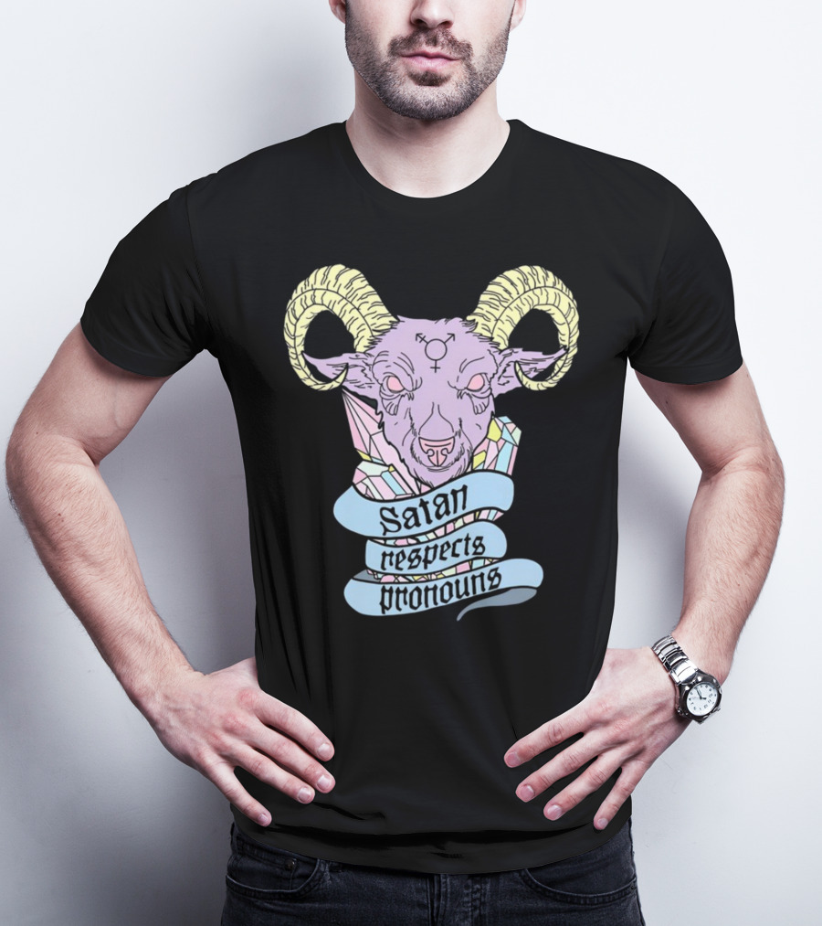 Satan Respects Pronouns Pastel Goat Head With Horns And Gender Symbols T-Shirt