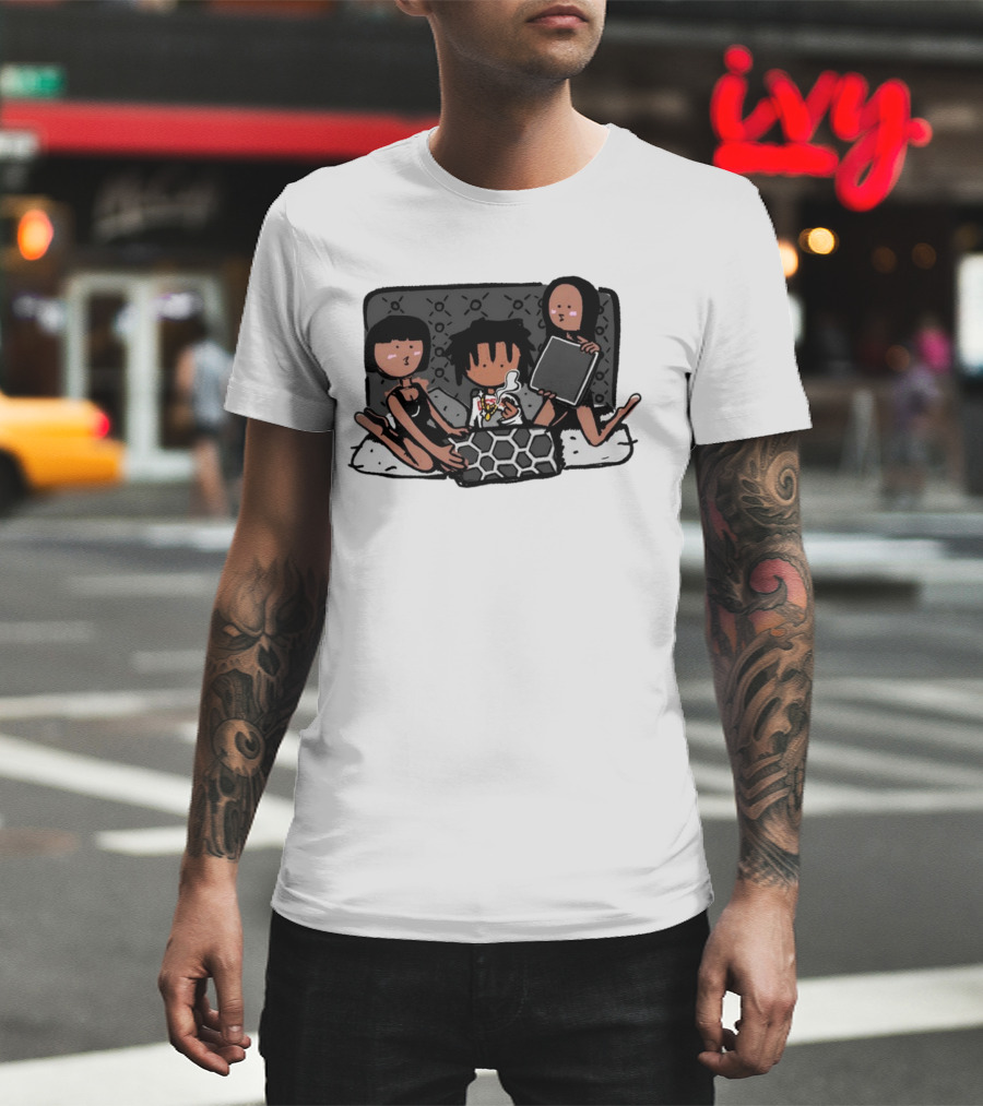 Kodone Playboi Carti Self Titled Cartoon Character With Two Figures In Black Outlines And Geometric T-Shirt