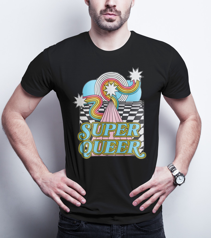 Super Queer Retro Rainbow Starburst Checkered Sky Burst T-Shirt