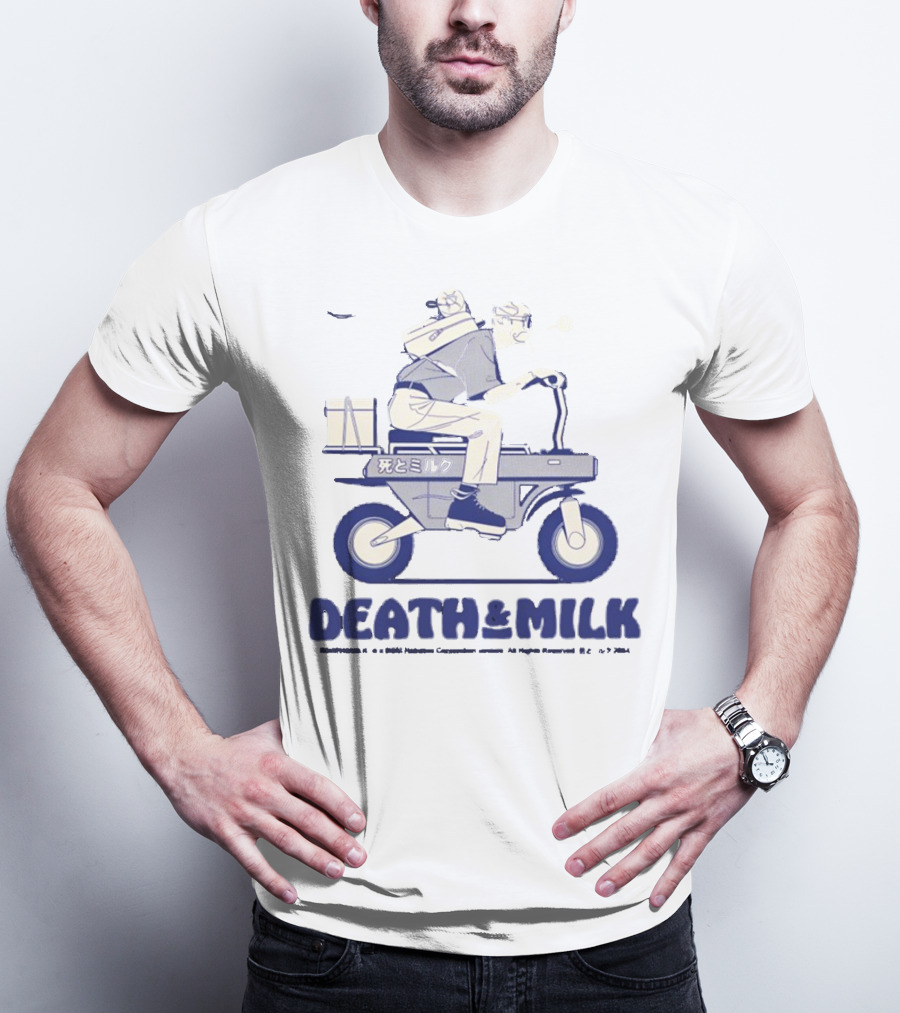 Death And Milk Riding Scooter With Package And Japanese Text T-Shirt