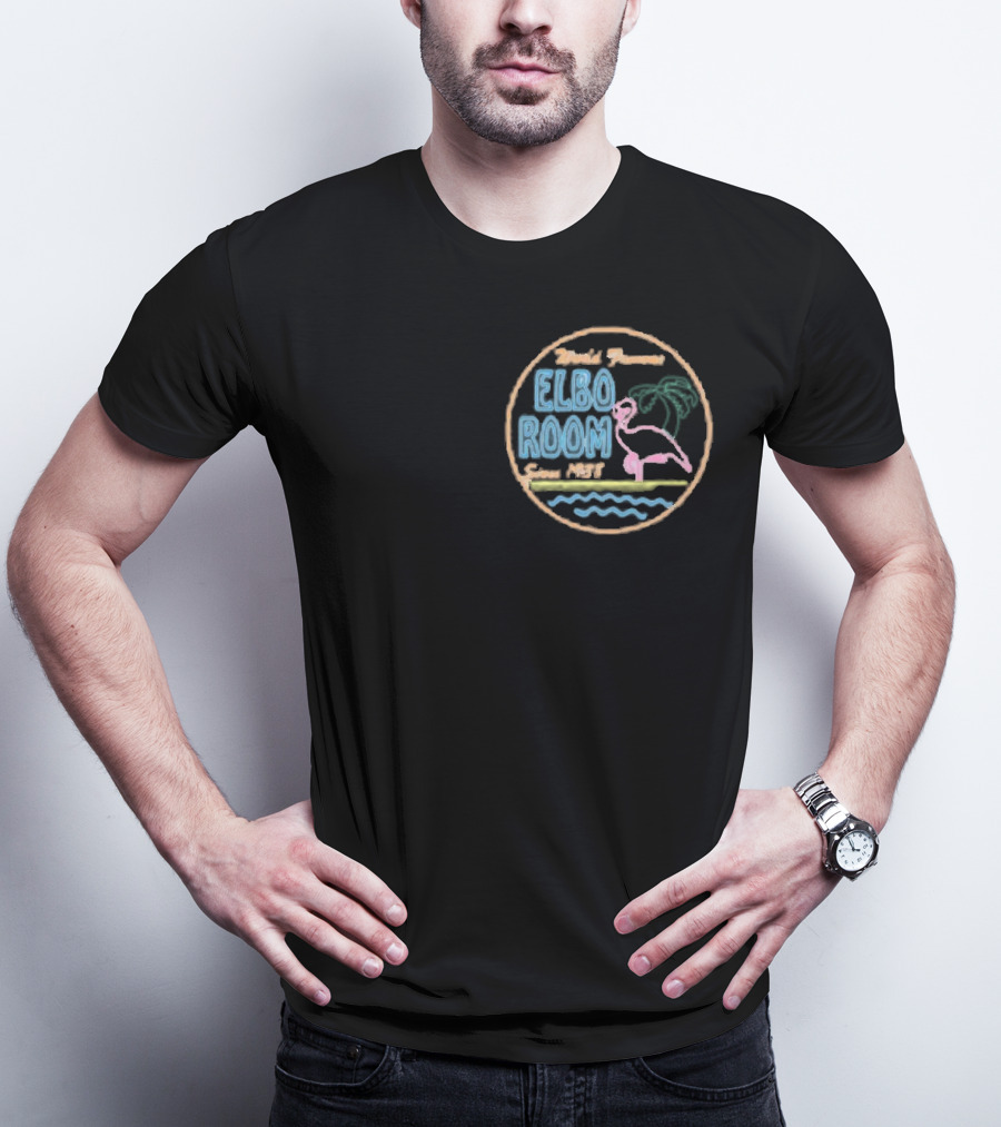 World Famous Elbo Room Since 1938 Neon Flamingo And Palm Tree T-Shirt