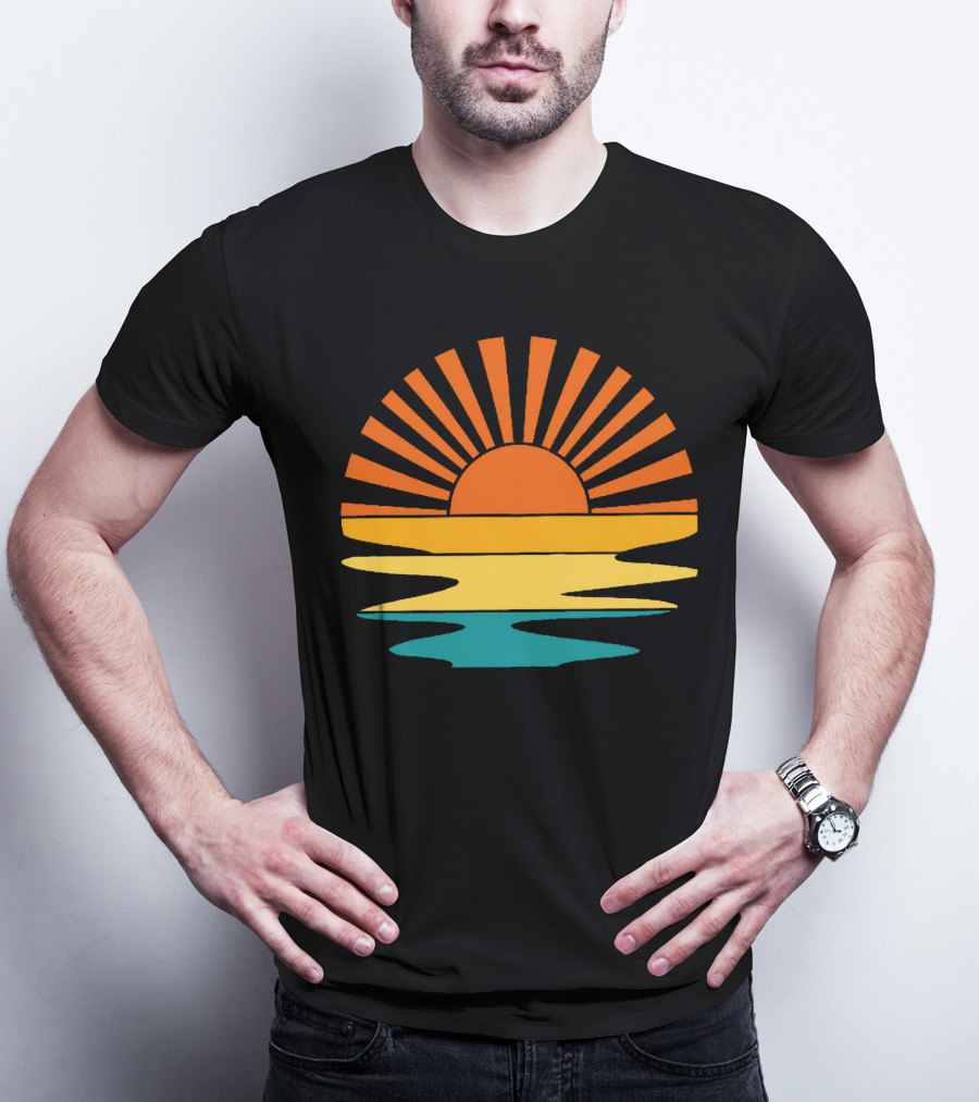 Retro Sunset Rays Wavy Vintage Sunshine Sunburst Ocean Horizon T-Shirt