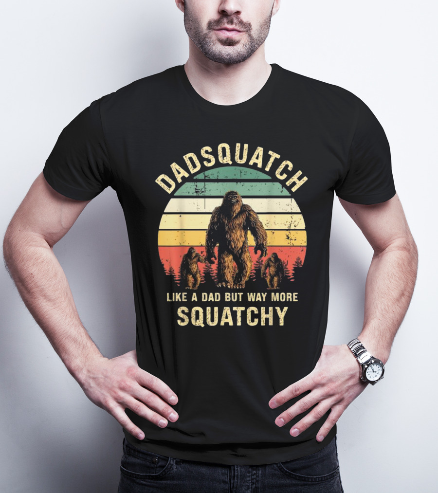 Dadsquatch Like A Dad But Way More Squatchy Vintage Bigfoot Forest Sunset T-Shirt