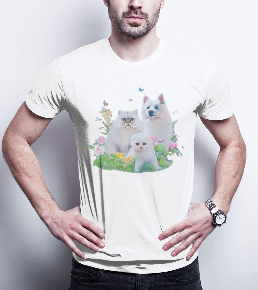 Qtcinderella Pet Animals With Cats And Dog In Floral Pastel Garden T-Shirt