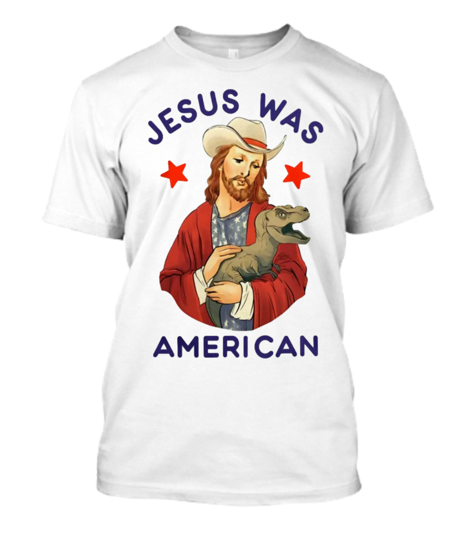 Jesus Was American Holding Dinosaur In Cowboy Hat With Stars T-Shirt