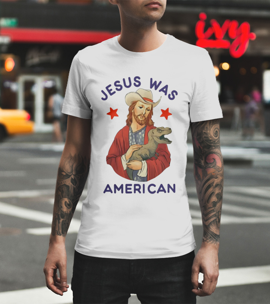 Jesus Was American Holding Dinosaur In Cowboy Hat With Stars T-Shirt