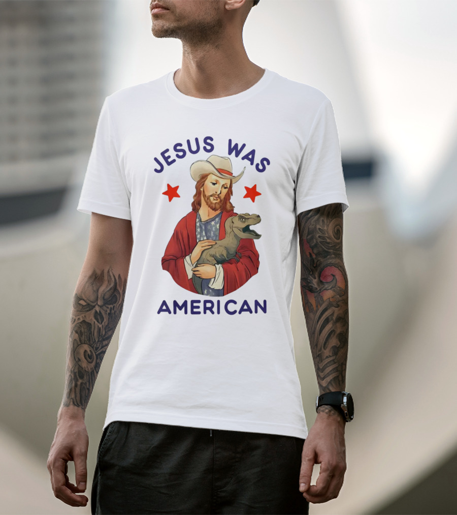 Jesus Was American Holding Dinosaur In Cowboy Hat With Stars T-Shirt
