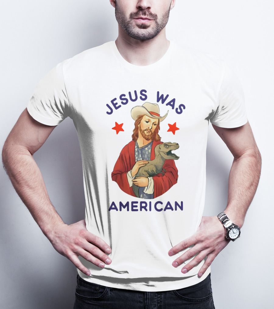 Jesus Was American Holding Dinosaur In Cowboy Hat With Stars T-Shirt