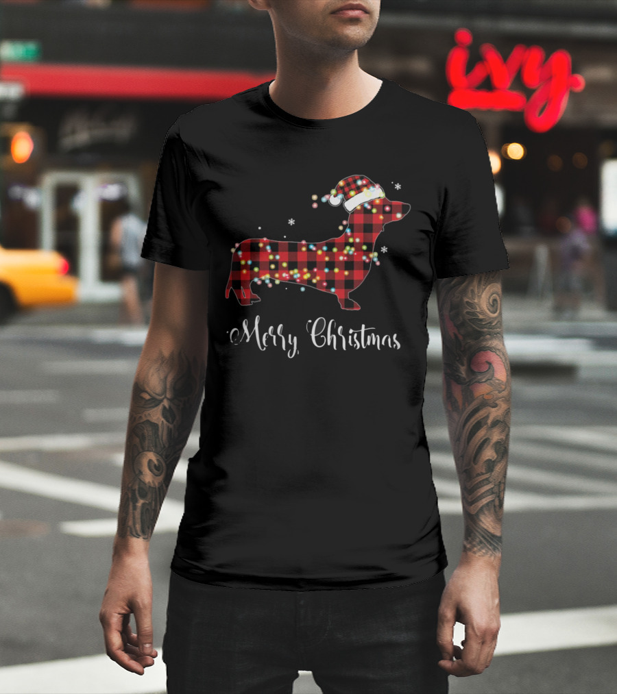 Merry Christmas Red Plaid Buffalo Dachshund With Santa Hat And Lights T-Shirt