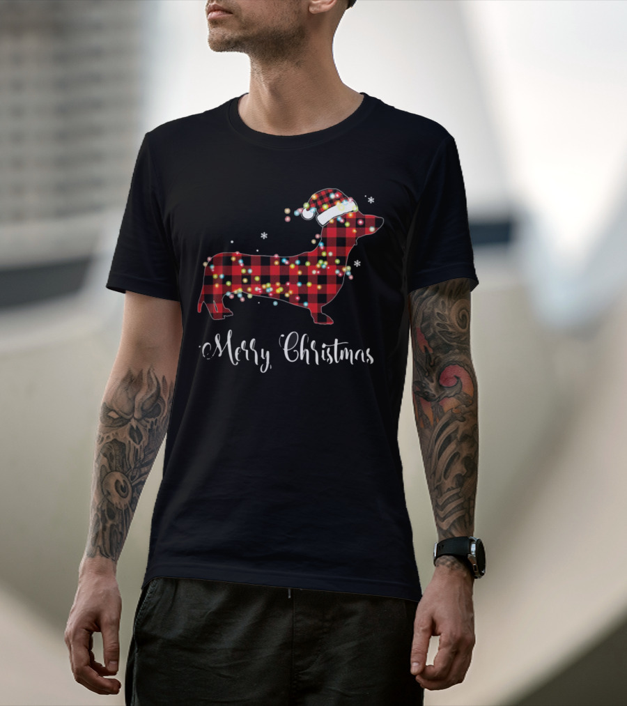 Merry Christmas Red Plaid Buffalo Dachshund With Santa Hat And Lights T-Shirt