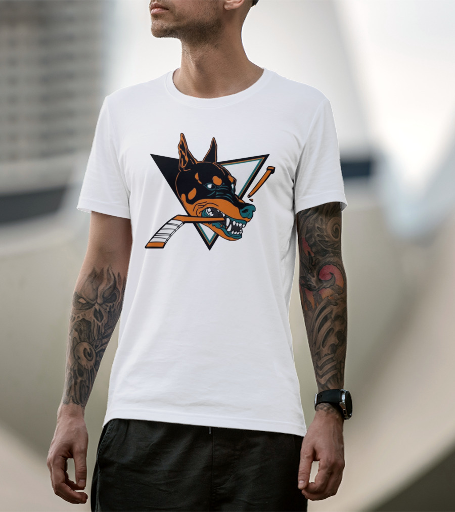Kayzo San Jose Dogs Hockey Iconic Doberman Logo With Hockey Sticks T-Shirt