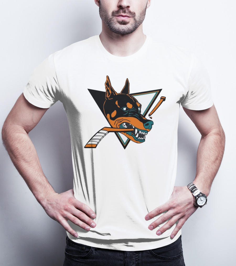 Kayzo San Jose Dogs Hockey Iconic Doberman Logo With Hockey Sticks T-Shirt