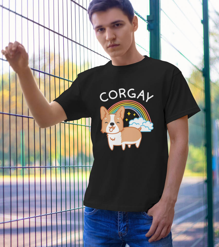 Corgay Rainbow Clouds And Stars With Corgi T-Shirt