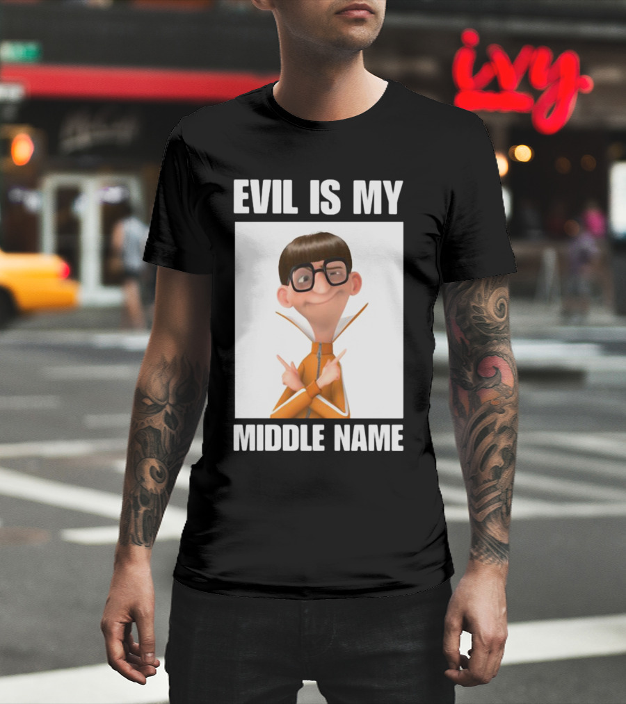 Evil Is My Middle Name Animated Character With Orange Outfit And Glasses T-Shirt