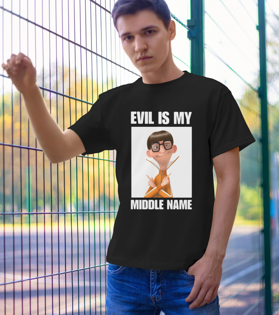 Evil Is My Middle Name Animated Character With Orange Outfit And Glasses T-Shirt