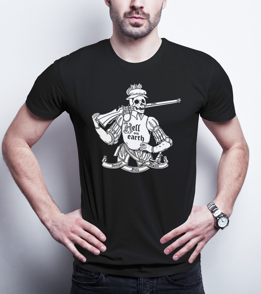 Hell On Earth Semper Finis Mundoi Skeleton Holding Rifle T-Shirt
