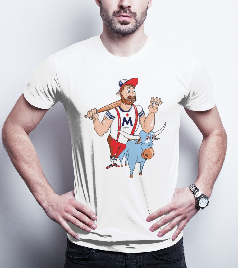 Barret Lee Paul Bunyan Cartoon Baseball Mascot With Blue Ox Babe And M T-Shirt