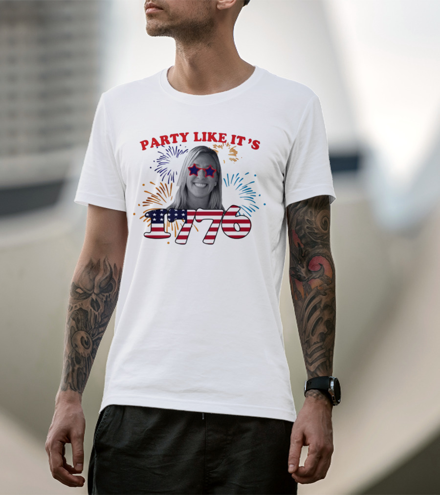 MTG Shop Marjorie Taylor Party Like It's 1776 Fireworks Star Glasses Patriotic T-Shirt