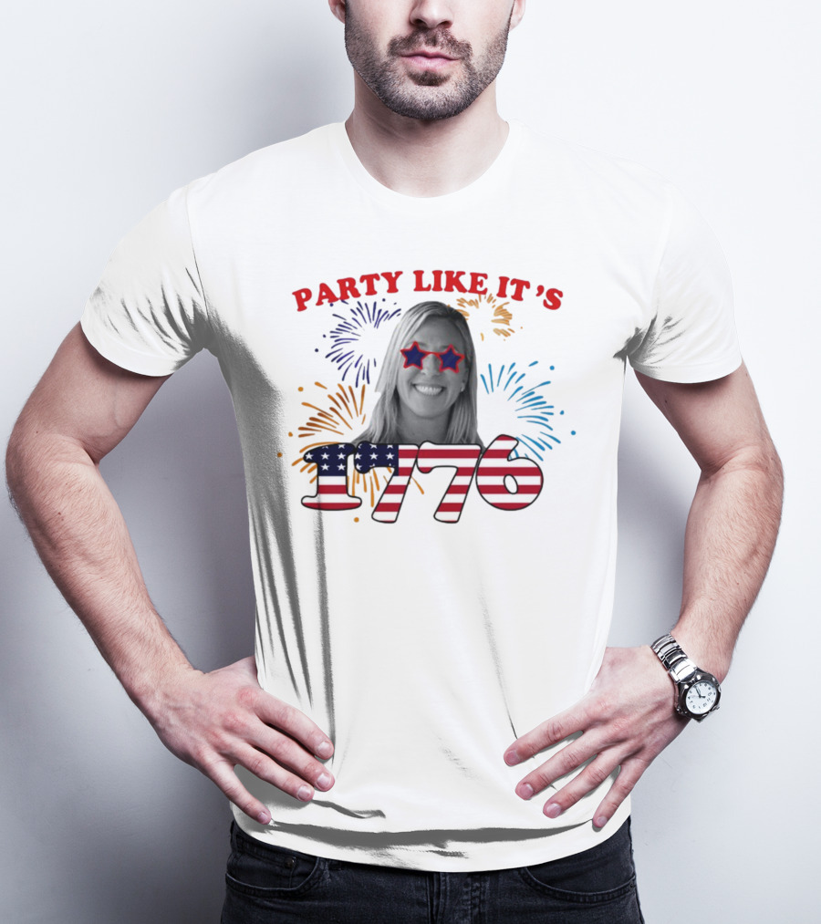 MTG Shop Marjorie Taylor Party Like It's 1776 Fireworks Star Glasses Patriotic T-Shirt