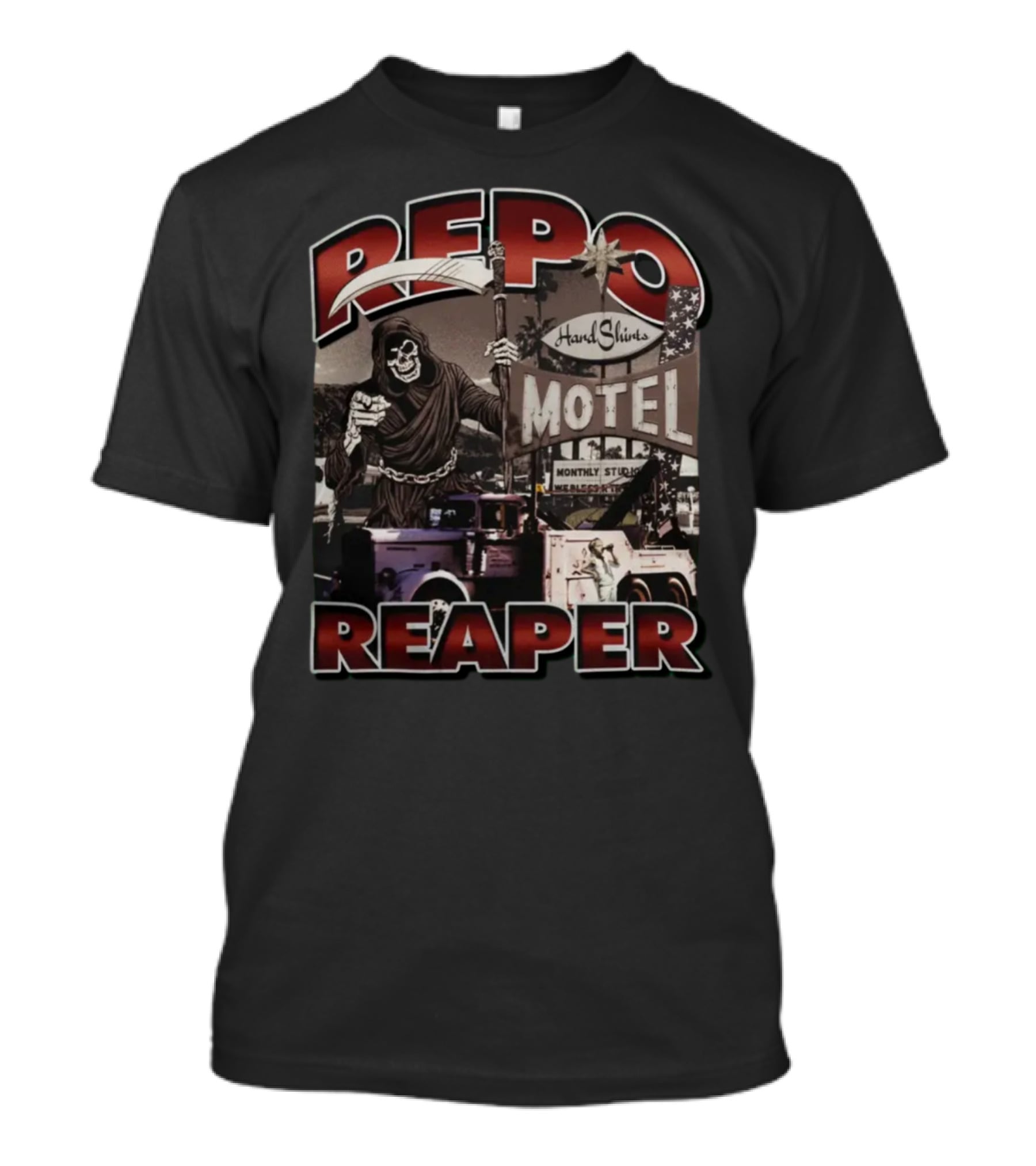 Repo Reaper Grim Skeleton Scythe Hard Slines Motel Scene T-Shirt