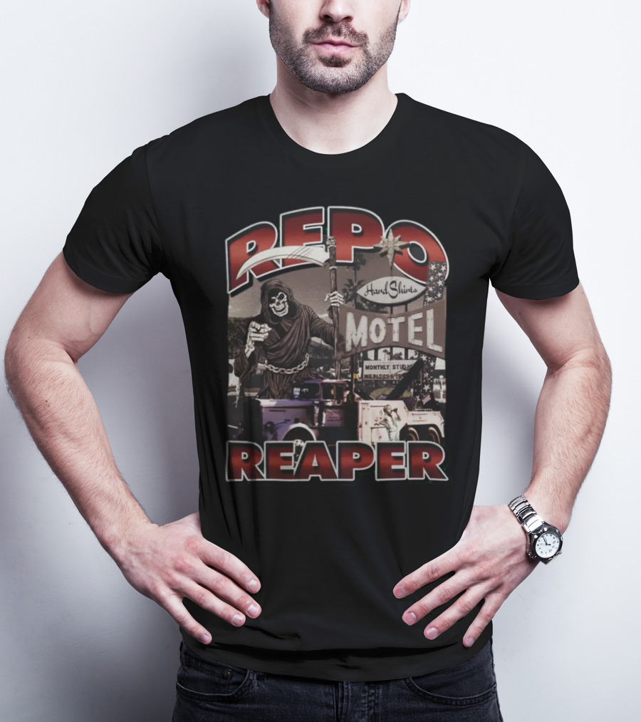 Repo Reaper Grim Skeleton Scythe Hard Slines Motel Scene T-Shirt