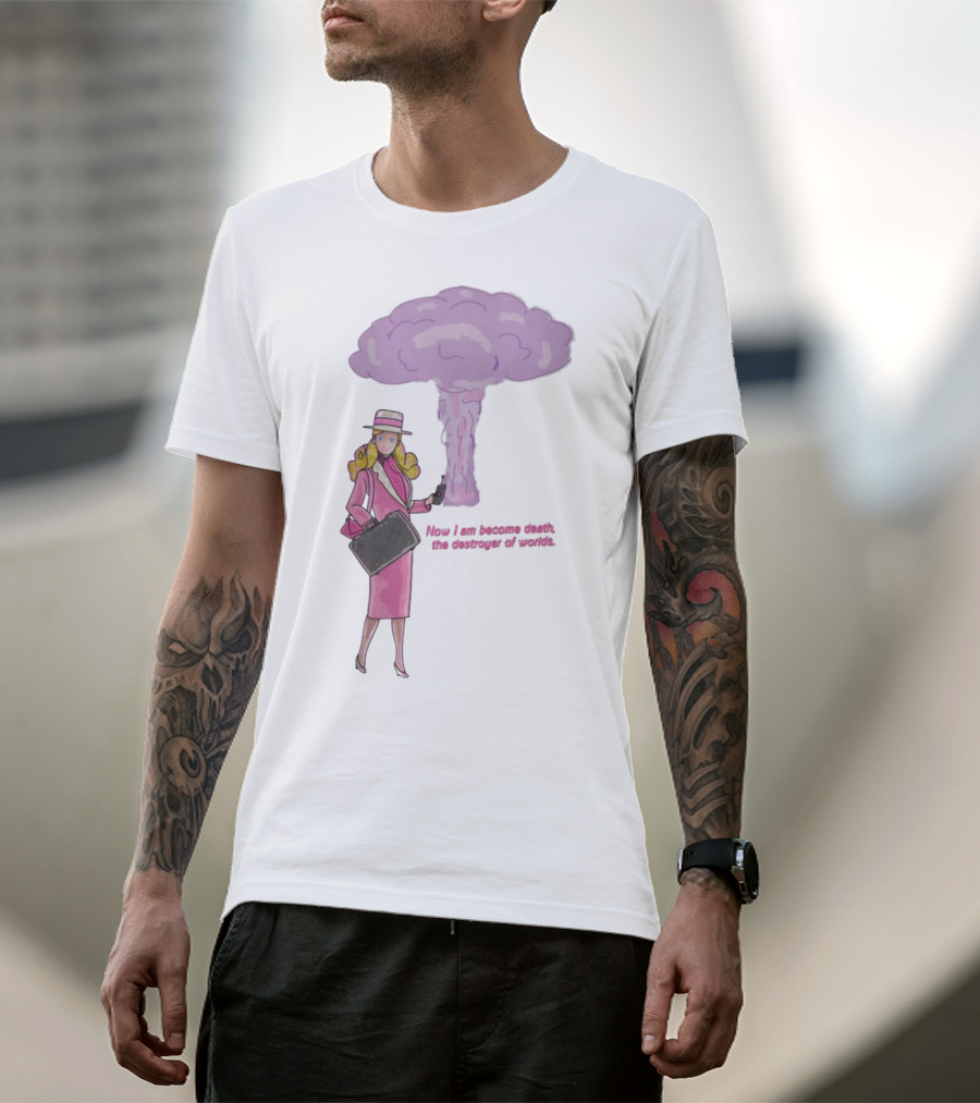 Now I Am Become Death The Destroyer Of Worlds Blonde Woman Pink Outfit Holding Bag Phone With Purple Mushroom Cloud T-Shirt