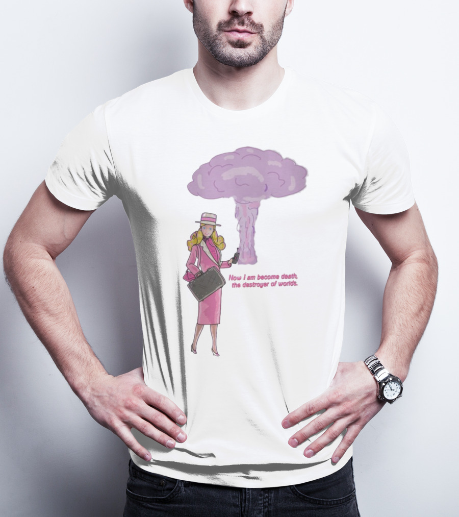 Now I Am Become Death The Destroyer Of Worlds Blonde Woman Pink Outfit Holding Bag Phone With Purple Mushroom Cloud T-Shirt