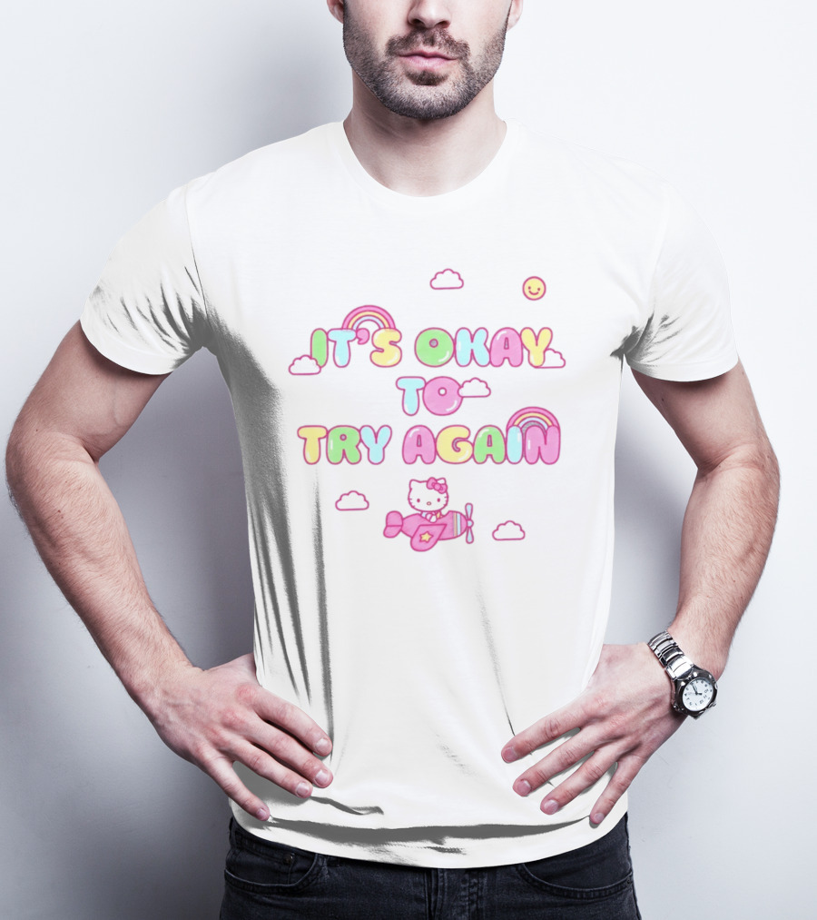 Hello Kitty It's Okay To Try Again Rainbow Clouds Airplane T-Shirt