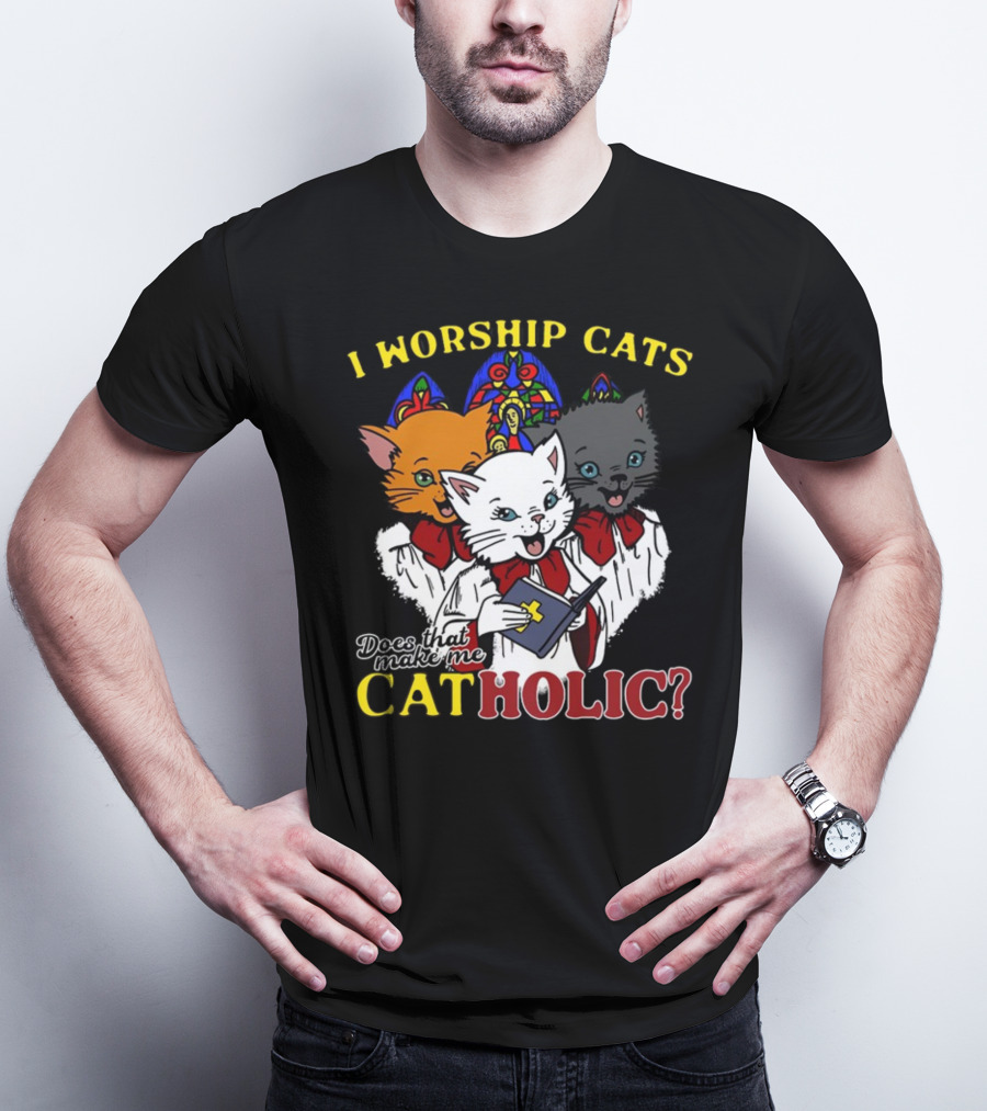 I Worship Cats Does That Make Me Catholic Cat Choir Stained Glass T-Shirt