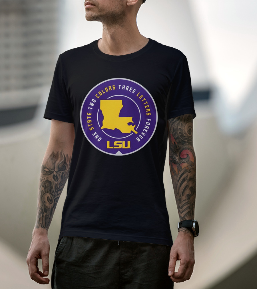 One State Two Colors Three Letters Forever LSU Louisiana Map Purple Gold Circle T-Shirt