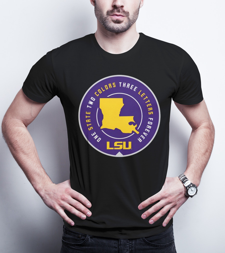 One State Two Colors Three Letters Forever LSU Louisiana Map Purple Gold Circle T-Shirt