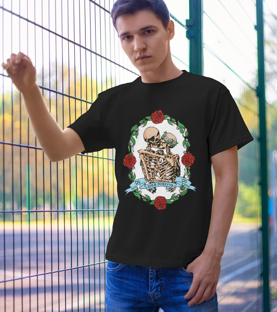 Xplr Forever Skeletons Embrace With Roses And Floral Wreath T-Shirt