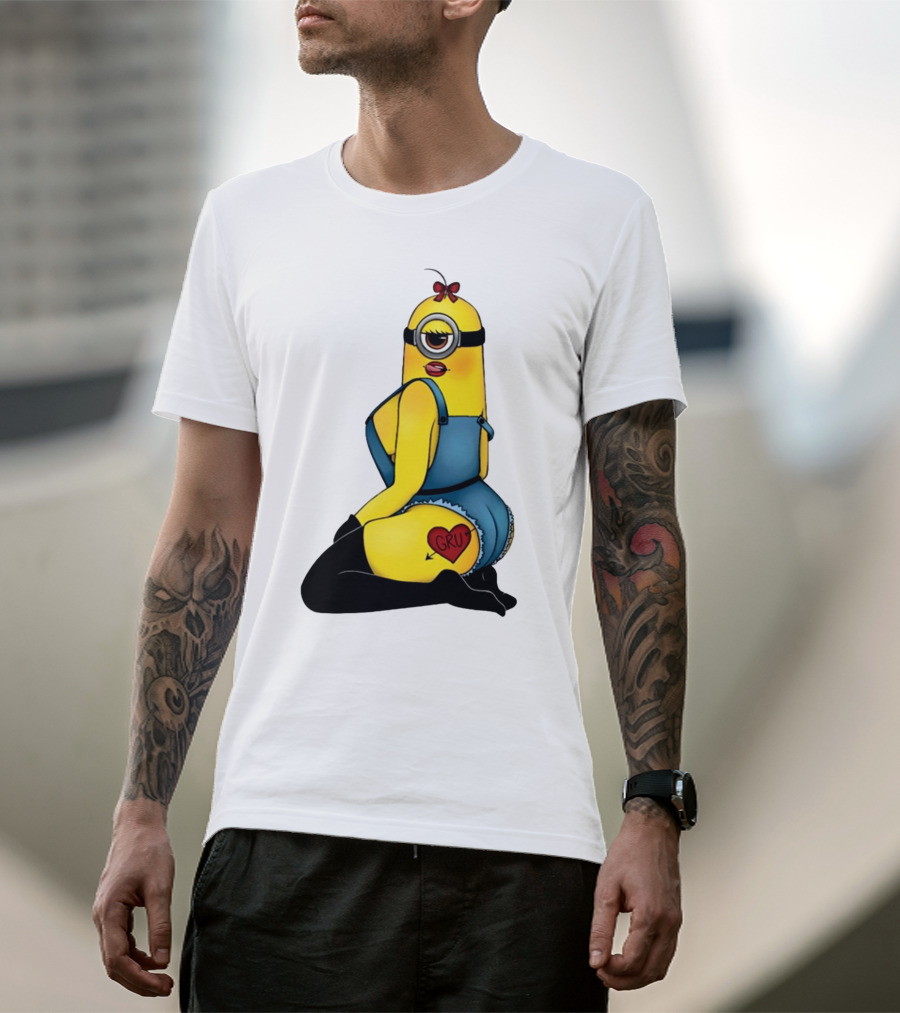 Minion In Blue Overalls With Gru Heart Tattoo And Red Bow T-Shirt