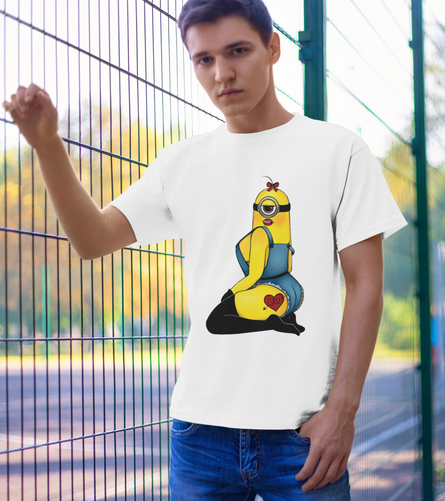 Minion In Blue Overalls With Gru Heart Tattoo And Red Bow T-Shirt
