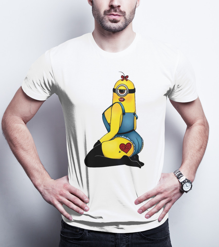 Minion In Blue Overalls With Gru Heart Tattoo And Red Bow T-Shirt