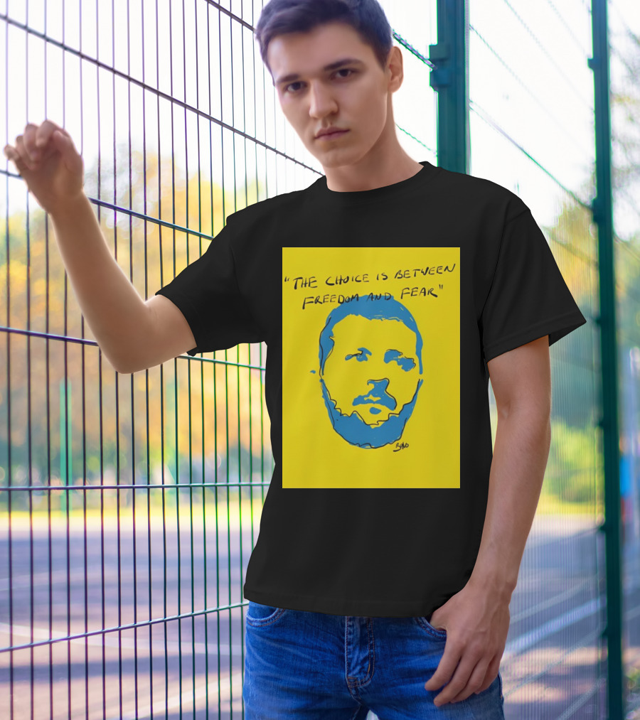 The Choice Is Between Freedom And Fear Blue Portrait Yellow Background T-Shirt