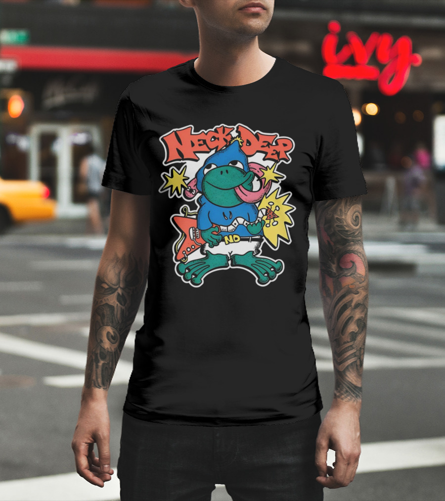 Neck Deep Frog Cartoon Character Holding Red Electric Guitar With Stars And No Belt T-Shirt