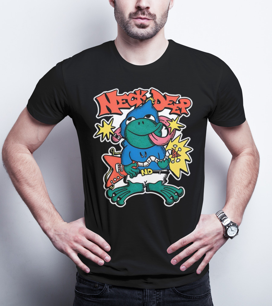 Neck Deep Frog Cartoon Character Holding Red Electric Guitar With Stars And No Belt T-Shirt