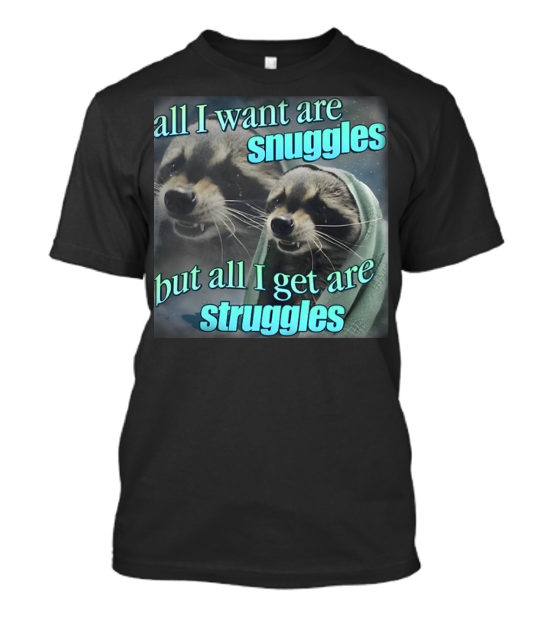 All I Want Are Snuggles But All I Get Are Struggles Raccoon Wrapped In Blanket T-Shirt