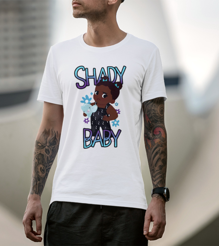 Shady Baby Cute Cartoon Character Holding Blue Elephant With Purple And Blue Flowers T-Shirt