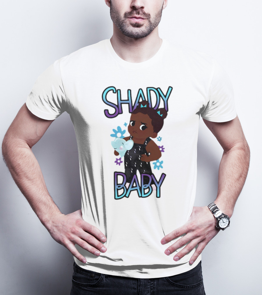 Shady Baby Cute Cartoon Character Holding Blue Elephant With Purple And Blue Flowers T-Shirt