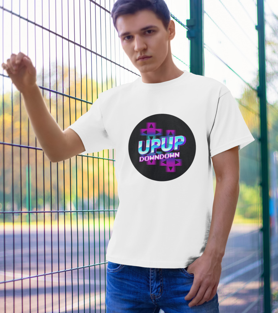 UPUP DOWNDOWN Retro Video Game Arrows Neon Text T-Shirt
